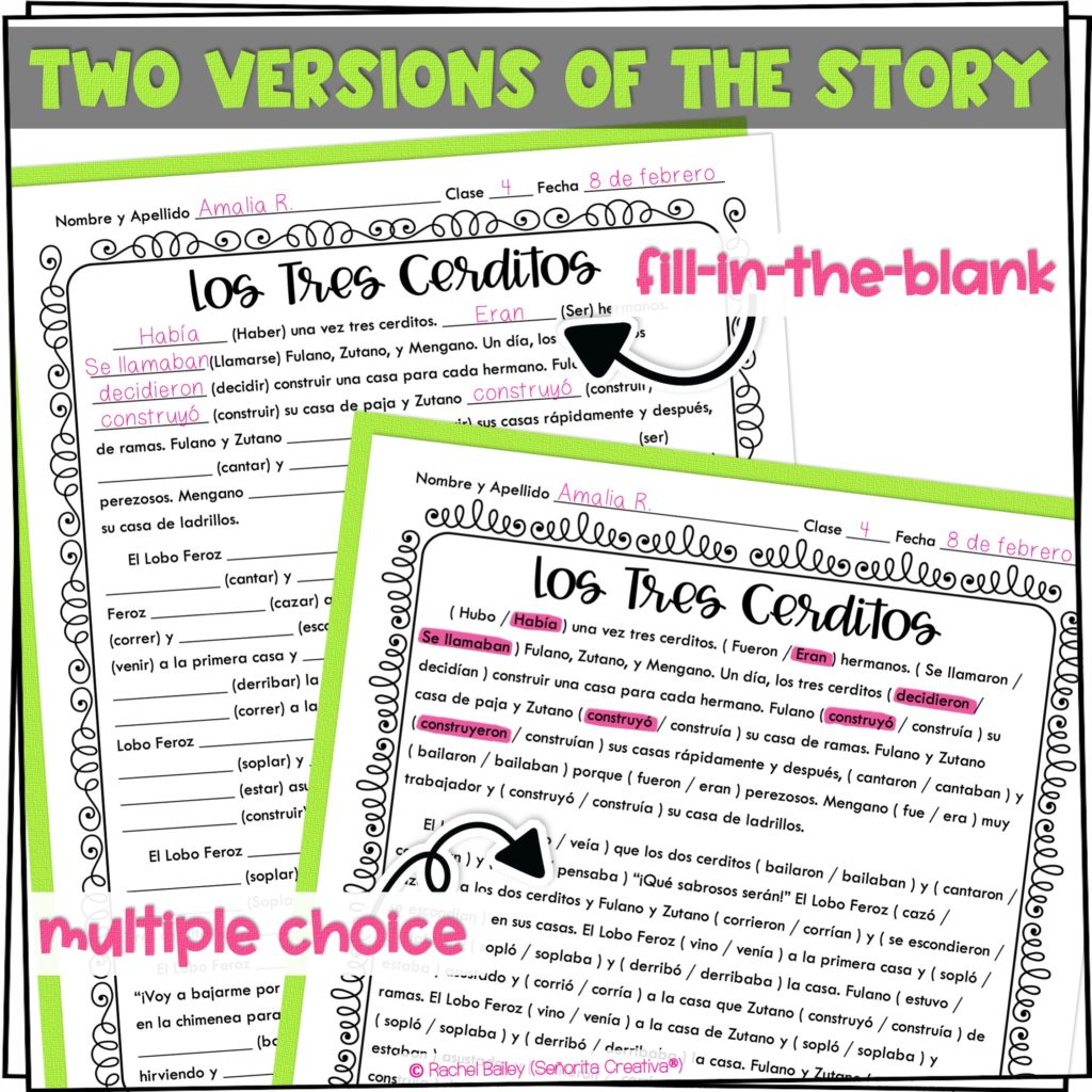 Tres Cerditos | Preterite vs Imperfect Story Worksheet - Señorita Creativa